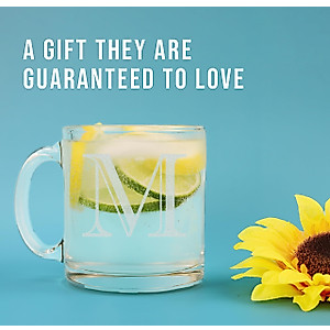 Spotted Dog Company Etched Monogram 12oz Clear Glass Coffee Mug (Letter M), A-Z Customized Coffee Gifts for Coffee Lovers, Custom Engraved Gifts for Women Her, Personalized Gift for Men, Initial