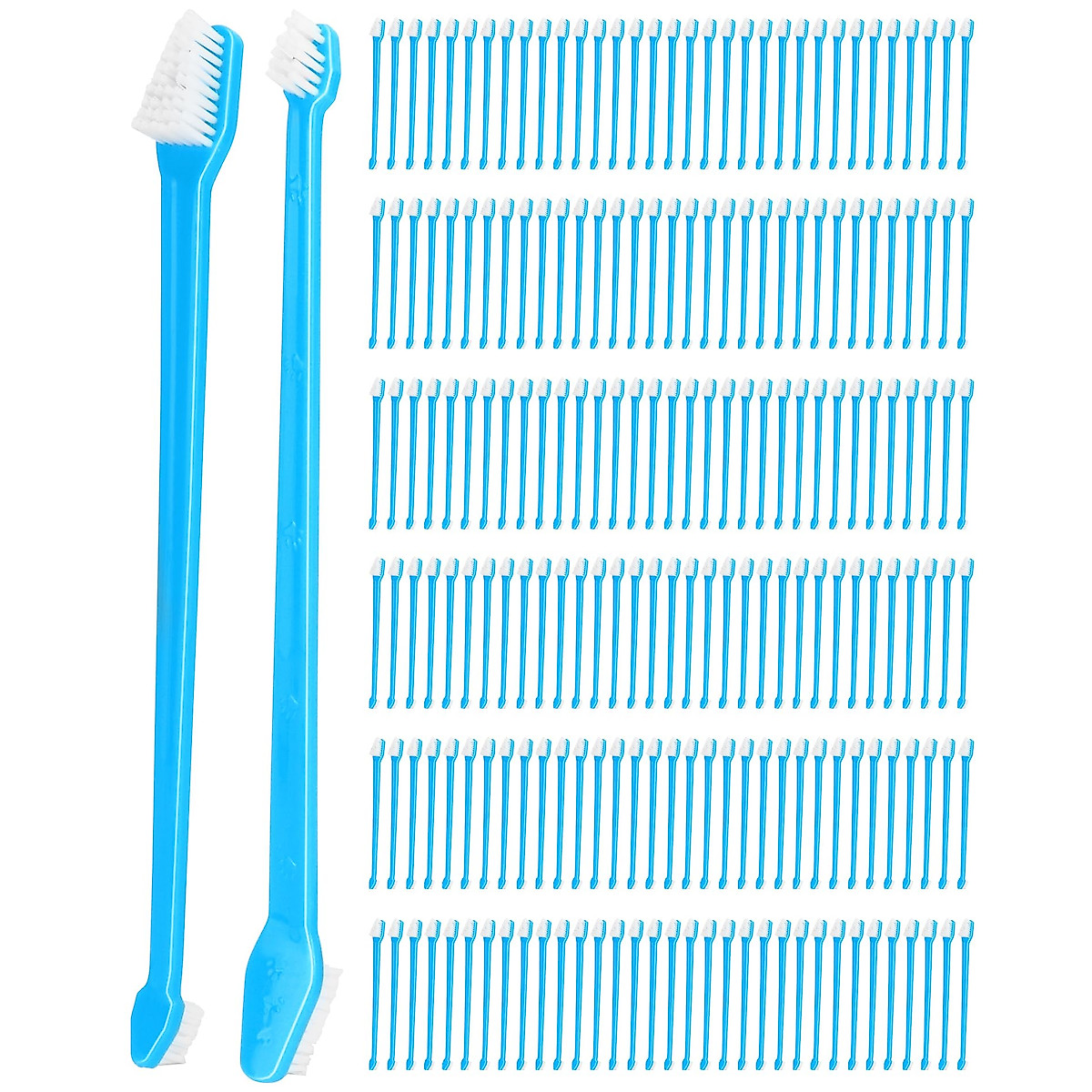 QWORK Double-Headed Pet Toothbrushes for Dogs and Cats, 8.66" Length, Soft Nylon Bristles, Blue, Dental Care Cleaning Kit for Pets, 200 Pcs
