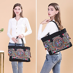 Embroidered Canvas Top Handle Handbag, Ladies Casual Vintage Shoulder Bag Fashion Tassels Handbag (Golden Flower)