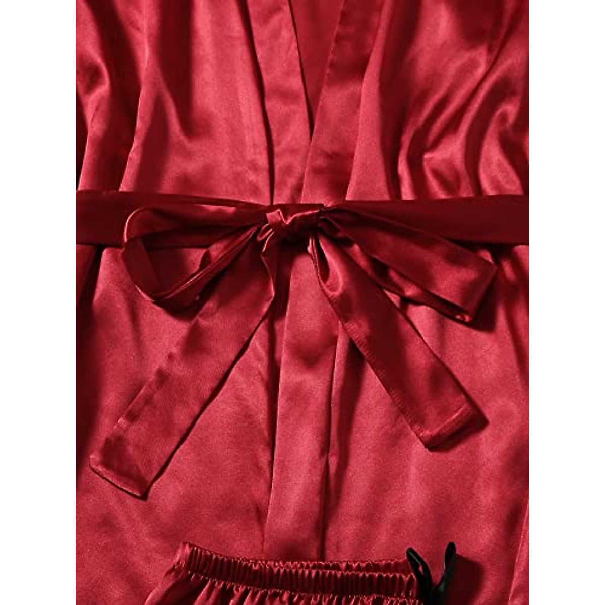 WDIRARA Women's 5 Pieces Satin Sleepwear Lace Trim Pajama Sets with Belted Robe Multicolored L