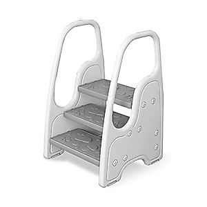 3-Step Stool with Handrails for Toddler and Kids, Standing Learning Tower for Bathroom Sink, Potty Training, Children Step Up Learning Helper with Handles and Safety Non-Slip Pads(Gray)
