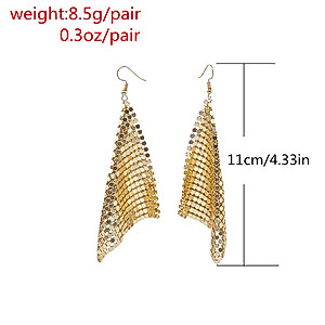 Long Dangle Trendy Women Earrings Trendy Women Metal Mesh Grid Sequins Tassel Long Drop Earring (Gold)