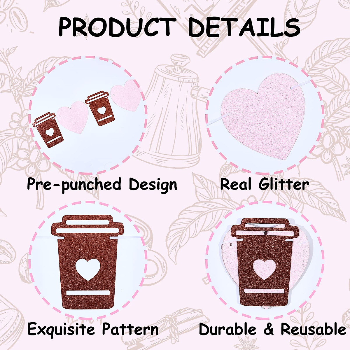 Coffee Bar Banner Pink, Glitter Coffee Cup and Heart Garland, Latte Banner for Birthday Bachelorette Engagement Wedding Baby Shower Party, Coffee Bar Wall Table Decorations