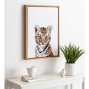 Kate and Laurel Baby Tiger Portrait Framed Canvas Wall Art by Amy Peterson, 18x24 Natural, Cute Baby Animal Home Decor
