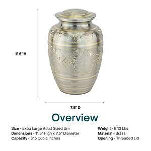 Platinum Elegance Cremation Urn for Ashes in Extra Large, Brass, Silver Urn, Extra Large Adult Sized Cremation Urn, 11.5 Inches High
