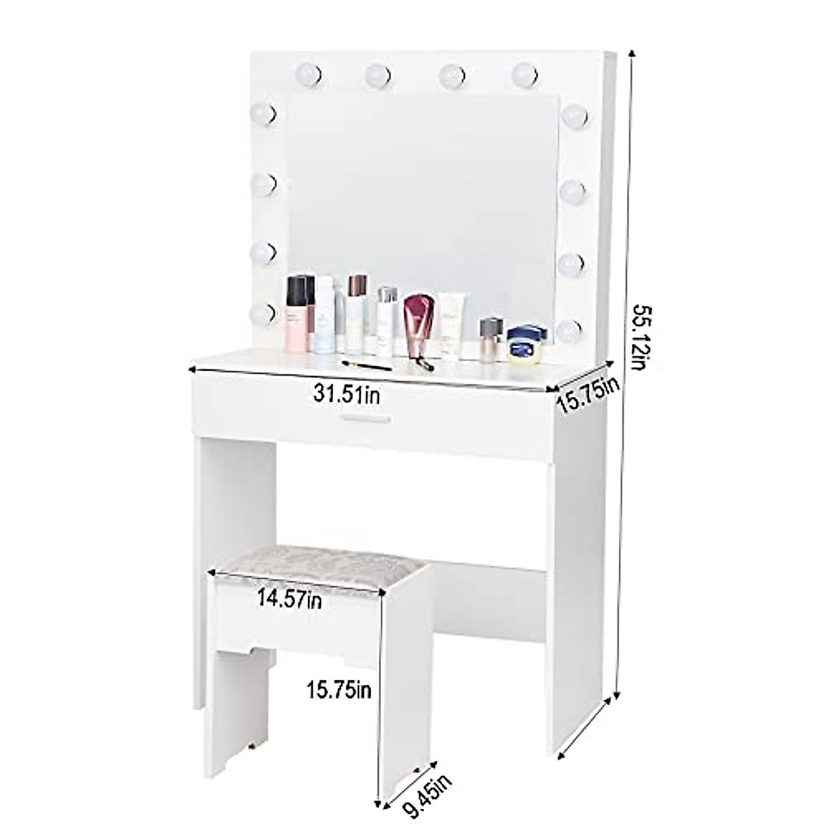 TEEGUI Vanity Set with Lighted Mirror, Makeup Vanity Dressing Table Dresser Desk Chair with Large Drawer for Bedroom, White Bedroom Furniture(12 Cool LED Bulbs) [US Shipping]