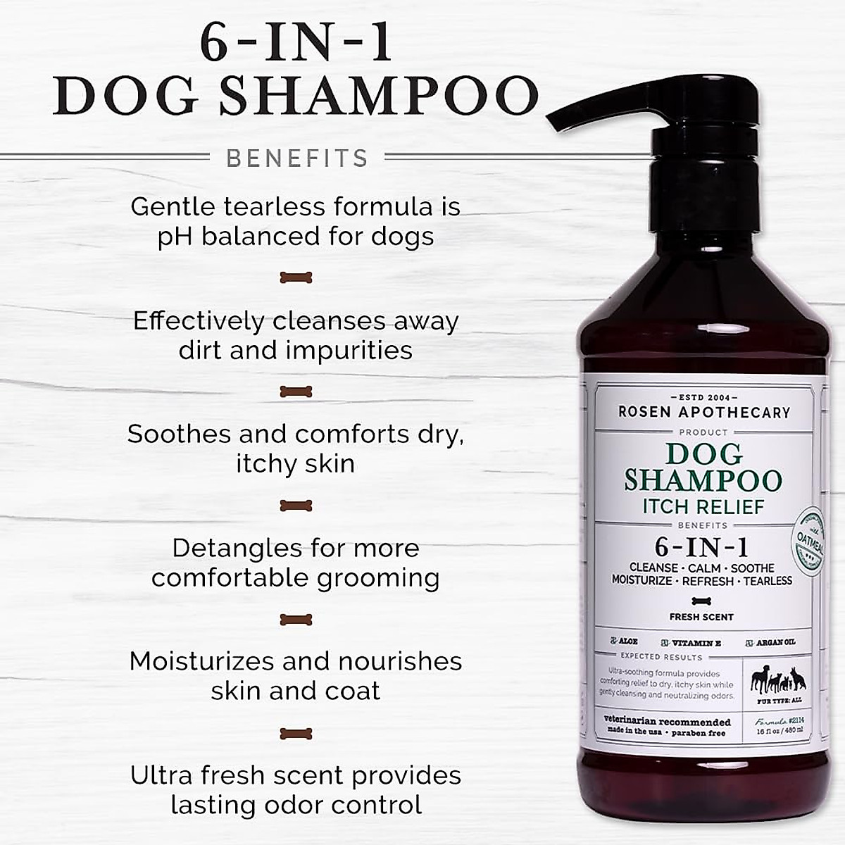 Rosen Apothecary 6-in-1 Itch Relief Dog Shampoo - Tearless Shampoo for Dogs Cleanses, Soothes, Refreshes and Moisturizes While Offering Itch Relief, 480ml