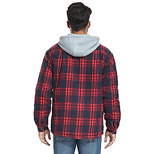 PEGENO Men's Long Sleeve Plaid Button Quilted Lined Flannel Shirt Jacket with Hood（Red Grid-US X-Large）