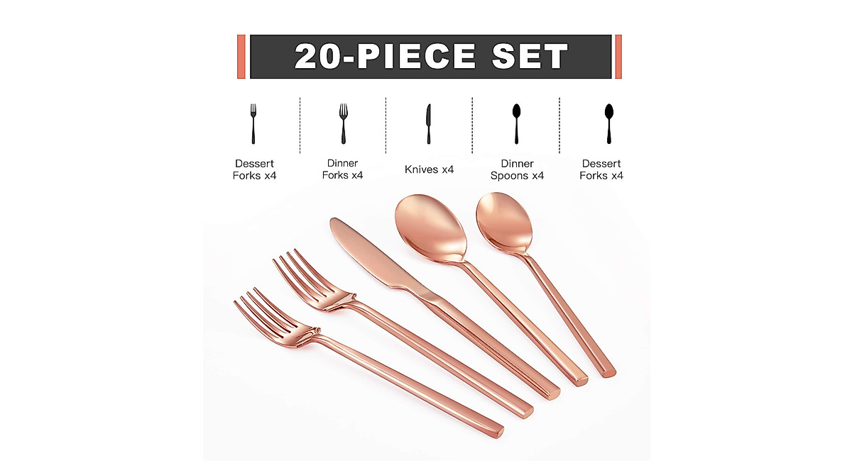 Rose Gold Silverware Set - 20-Piece Stainless Flatware for 4