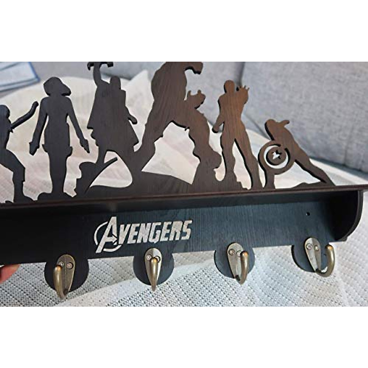 Awesome Avengers Superheroes Wall Mounted Wooden Key Hook Coat Rack,Farmhouse Mounted Coat Rack and Upper Shelf for Storage，with 5 Dual Vintage Durable Metal Hooks