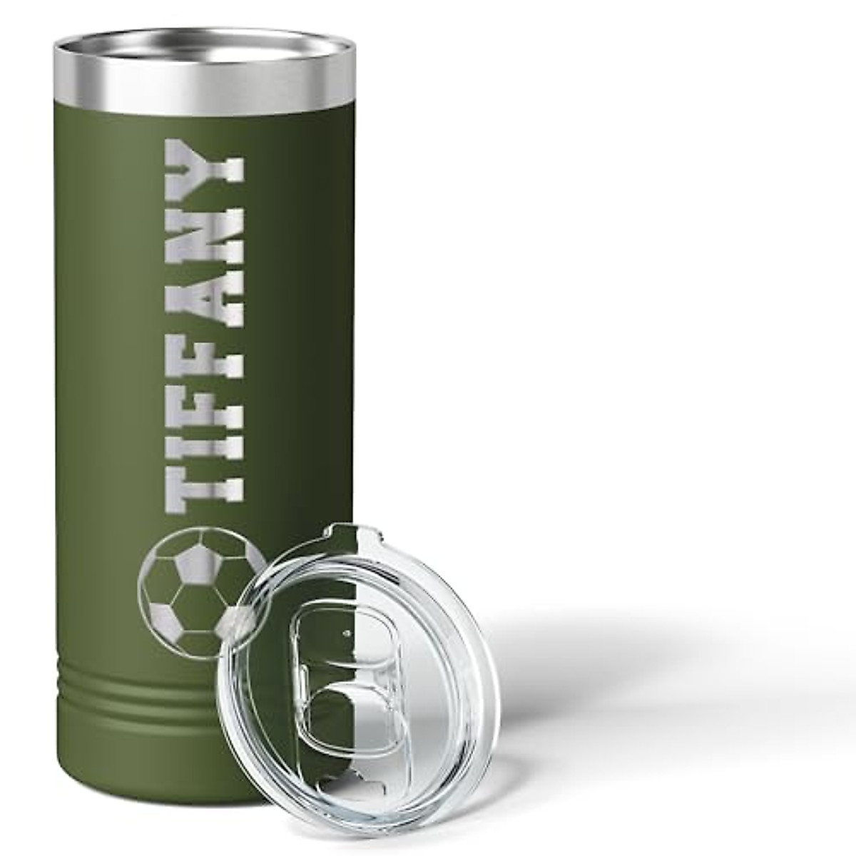 Personalized Soccer Ball Tumbler with Lid Laser Engraved on Army Green 22 oz Stainless Steel Insulated Cup Birthday Gift for Men, Women, Sports Lover