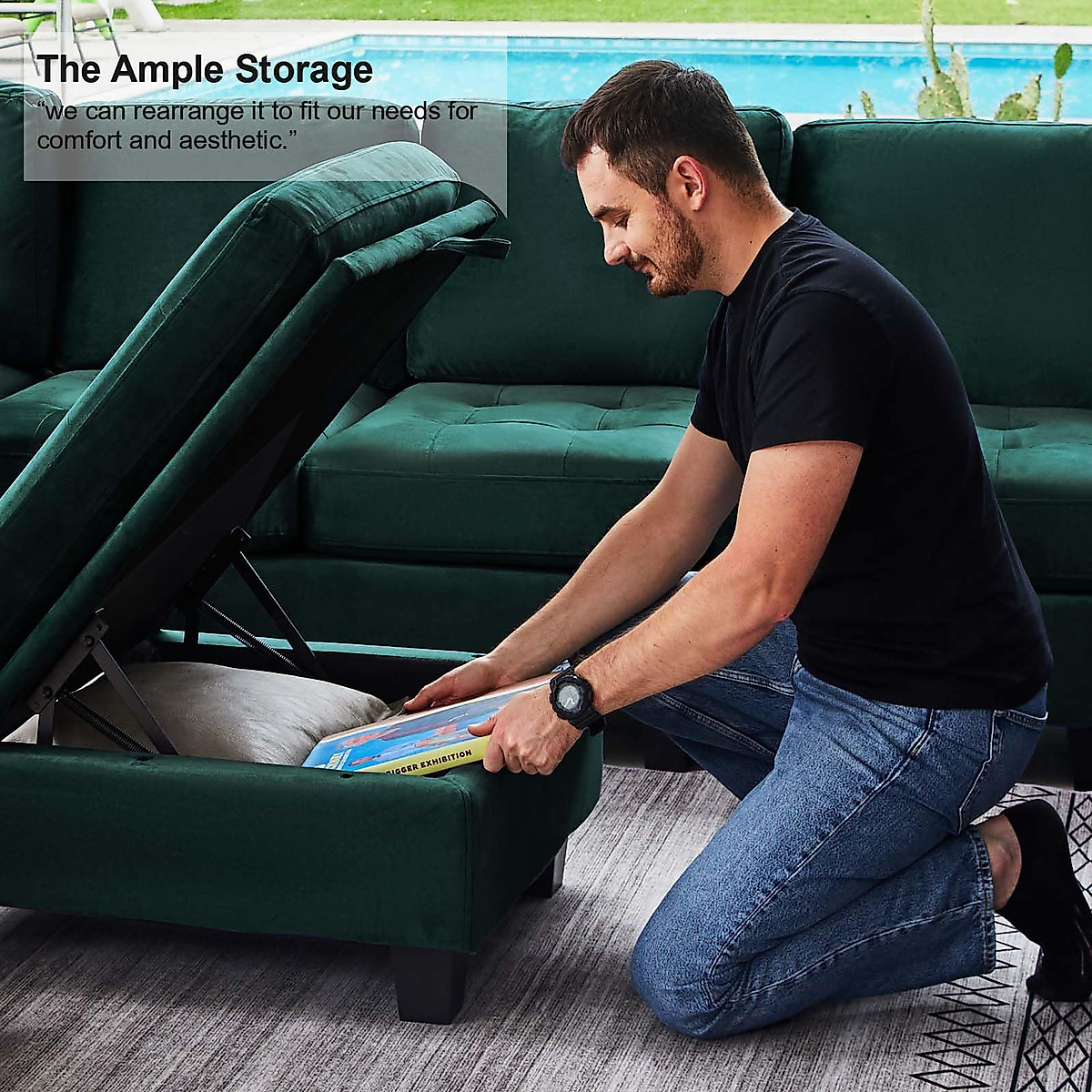 Belffin Green Velvet L-Shape Modular Convertible Sofa Bed with Storage, 83.4x62.2x35.8 inches, 6 Pieces, Medium Firmness