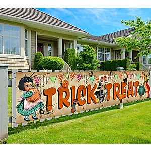 Vintage Halloween Decorations Outdoor Yard Sign Trick or Treat Banner Witch Pumpkin Backdrop Home Wall Decor Traditional Retro Hanging Banner for Halloween Holiday Party Supplies Indoor Outdoor