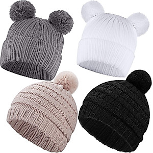 4 Pieces Kids Winter Warm Beanie Hat Kids Faux Fur Pom Beanie Knit Baby Pom Ski Cap for Children 1-5 Years Old(Black, Beige, Grey, White,4 Pieces)