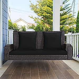 Tangkula 2-Person Wicker Hanging Porch Swing, Patiojoy Outdoor Rattan Swing Bench W/ 2 Back Cushions & 1 Seat Cushion, Sturdy Steel Chain, 800lbs Weight Capacity, Suitable for Deck, Backyard, Garden