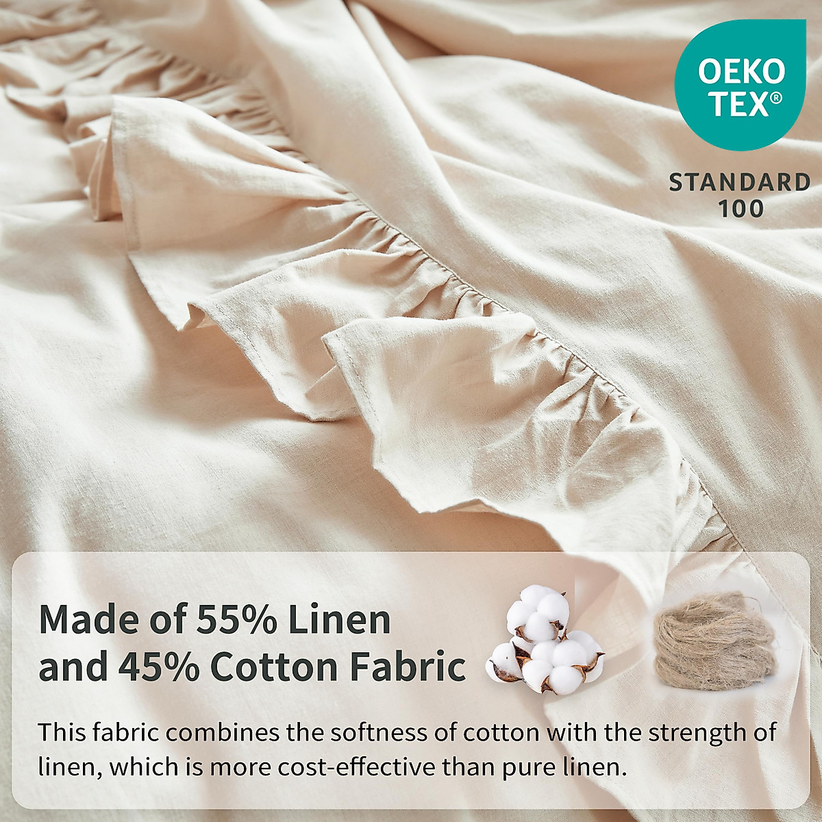 Simple&Opulence Ruffled Linen Duvet Cover Set 3Pcs with Vintage Shabby Chic Multiple Frills (1 Comforter Cover & 2 Pillowcases) Natural Flax Cotton Blended Luxury Bedding - Linen, Queen Size