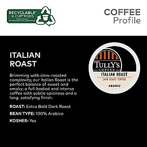 Tully's Coffee Italian Roast, Single-Serve Keurig K-Cup Pods, Dark Roast Coffee, 72 Count
