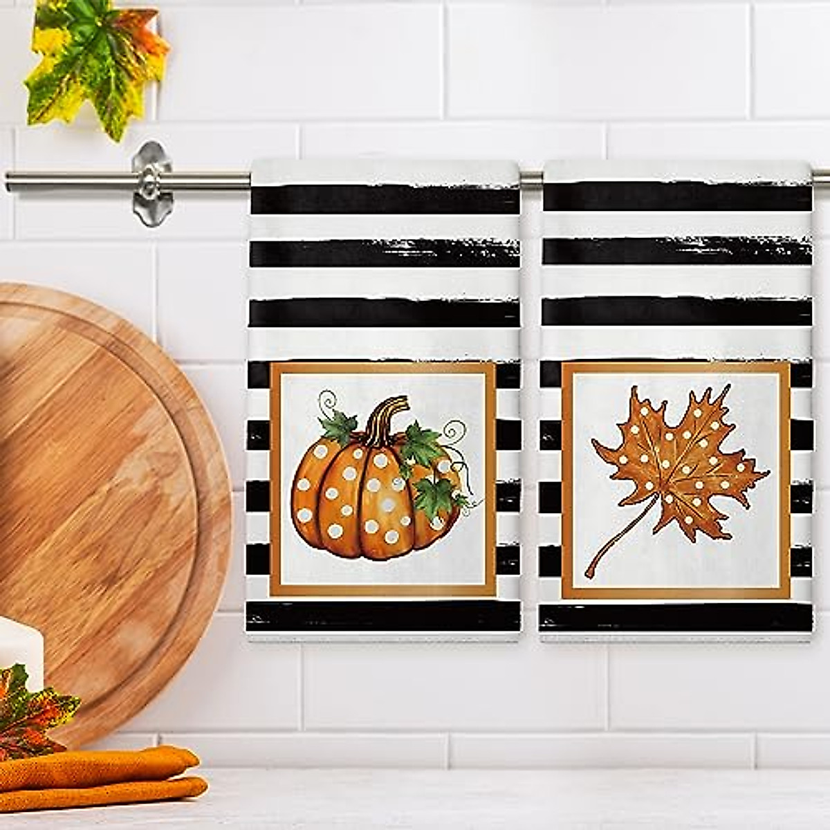 Norme 4 Pcs Thanksgiving Fall Hello Pumpkin Kitchen Towels, 18 x 28 Inch Fall Dish Towels Hello Autumn Polka Dot Stripes Black and White Kitchen Towels Absorbent Drying Cloth for Bathroom Decor Hand