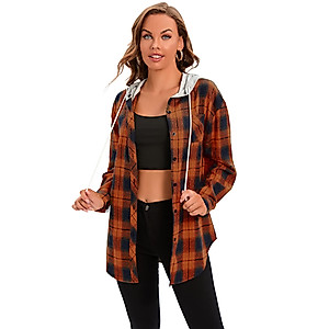 Womens Flannel Shirts Long Sleeve Oversized Boyfriend Shirts Button Down Plaid Hoodie Orange