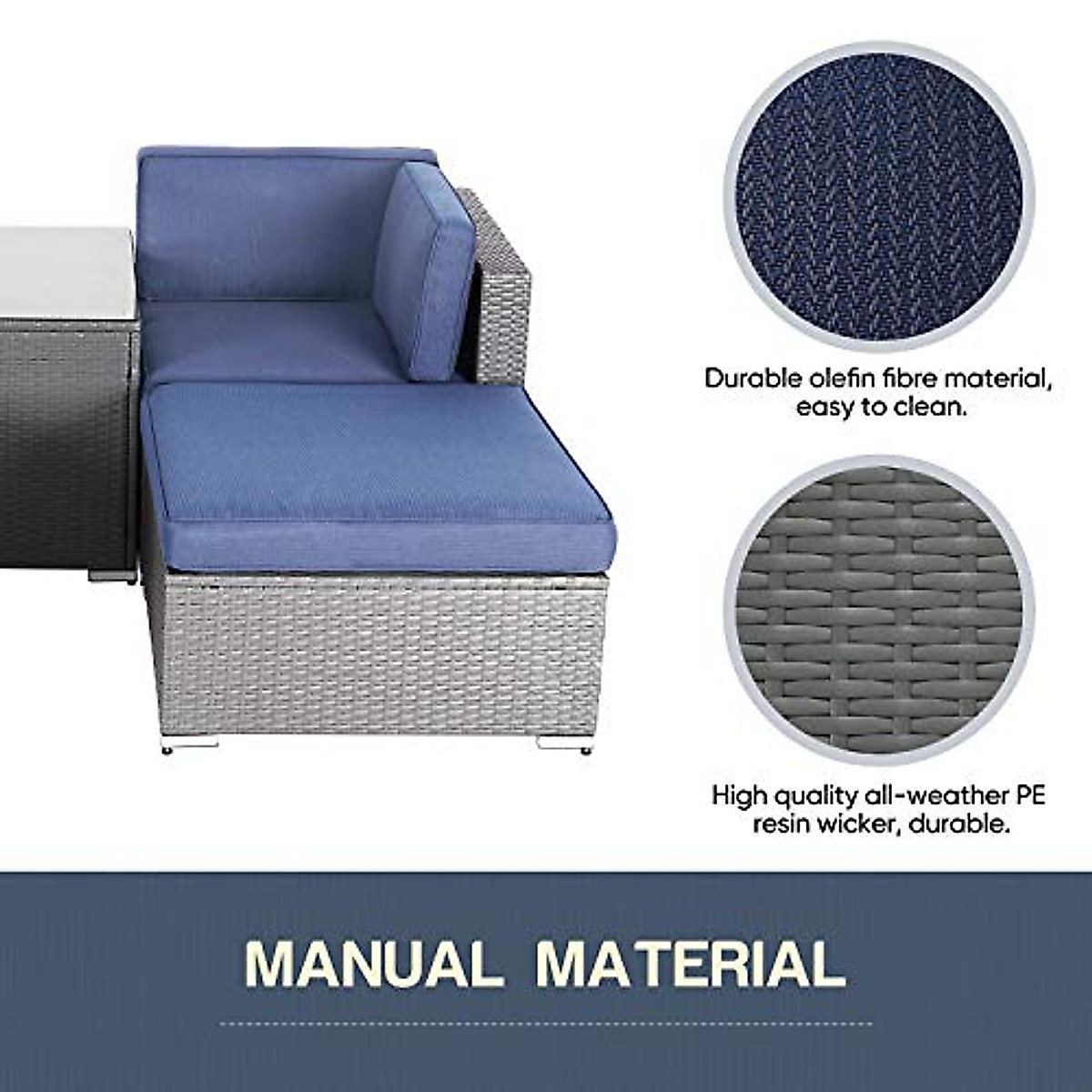 SOLAURA 5-Piece Outdoor Patio Furniture Set, PE Rattan Wicker Chair Sectional Sofa Set with YKK Zipper and Glass Coffee Table - Navy Blue