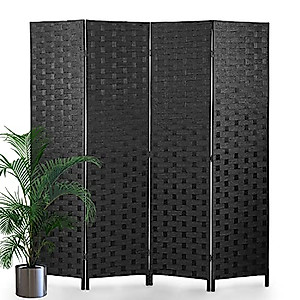 Room Divider,4 Panels 6FT Folding Privacy Screen Room Divider Wall Wood Mesh Hand-Woven Design Freestanding Partition Portable Wall for Home Office Bedroom(Black)