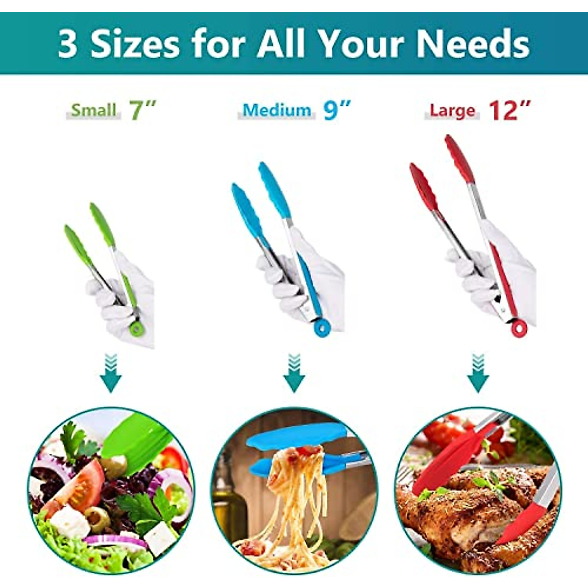 7"+9"+12" Silicone Kitchen Tongs Set, Cooking Tongs with Silicone Tips and Stainless Steel Handle, Heat Resistant Tongs for Grilling Cooking Barbecue Buffet Salad Serving, 7/9/12 Inches (Multicolor)