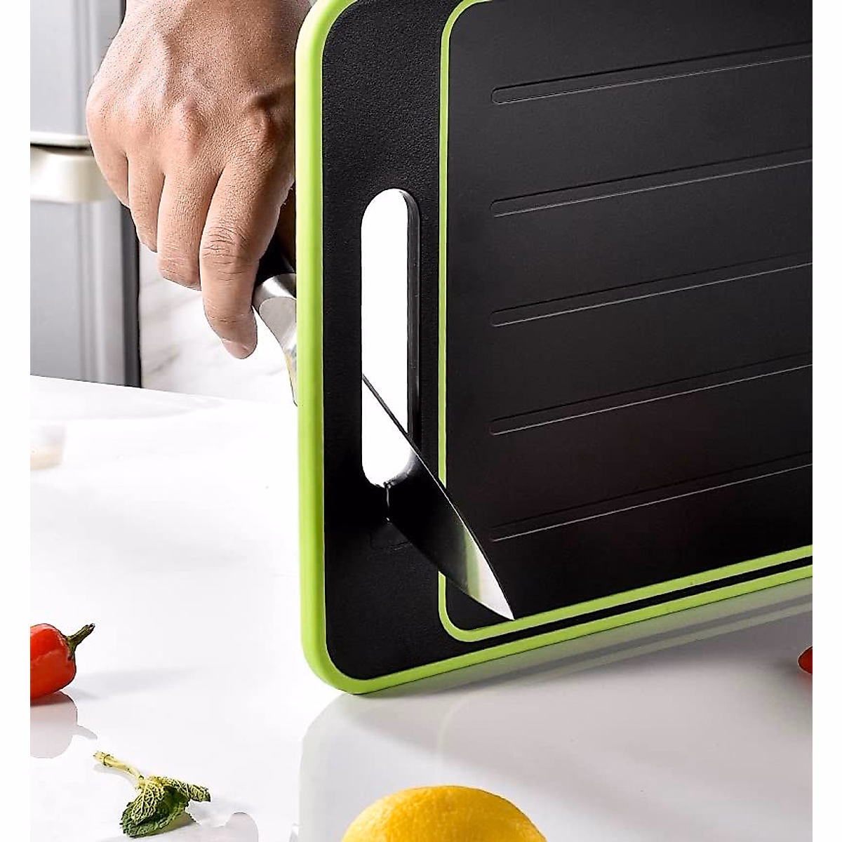 4 in 1 Cutting Board and Defrosting Plate with Knife Sharpener and Garlic Grinder (Black)