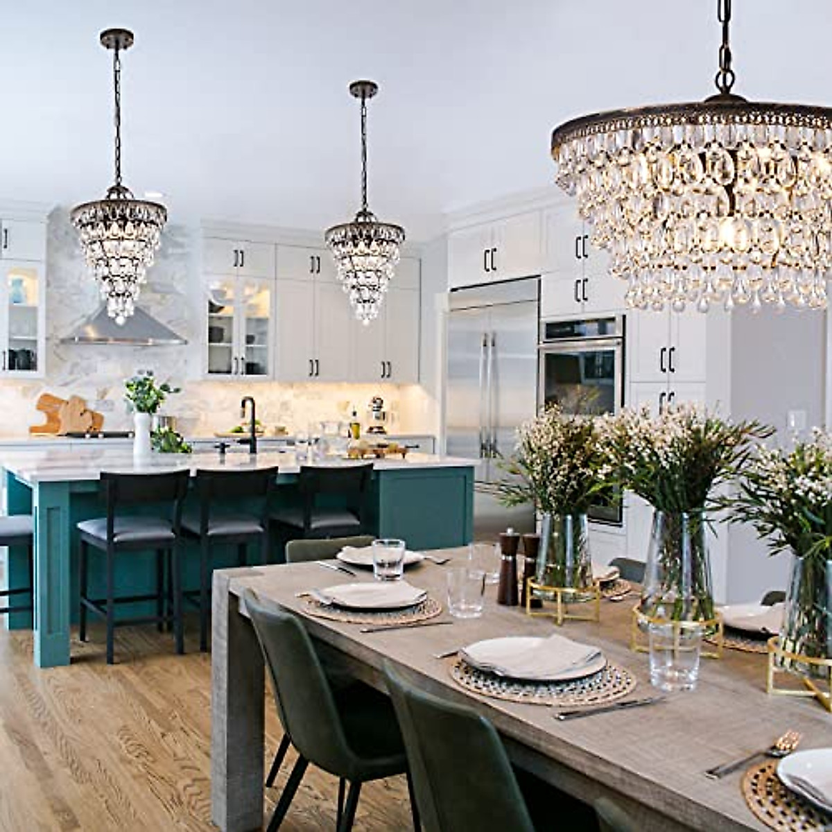 Wellmet Crystal Chandeliers, Farmhouse Tiers Crystals Light, Modern Hanging Pendant Lighting Ceiling Fixture for Foyer, Bathroom, Dinig Living Room, Kitchen Island