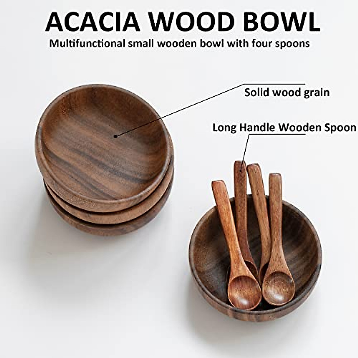 muso wood 3.9" Acacia Wood Bowl, Small Wooden Sauce Bowl for Party, Serving Bowls for Nuts, Salad, Appetizer, Condiments, Snacks (FREE 4 Wood Spoons, Set of 4)