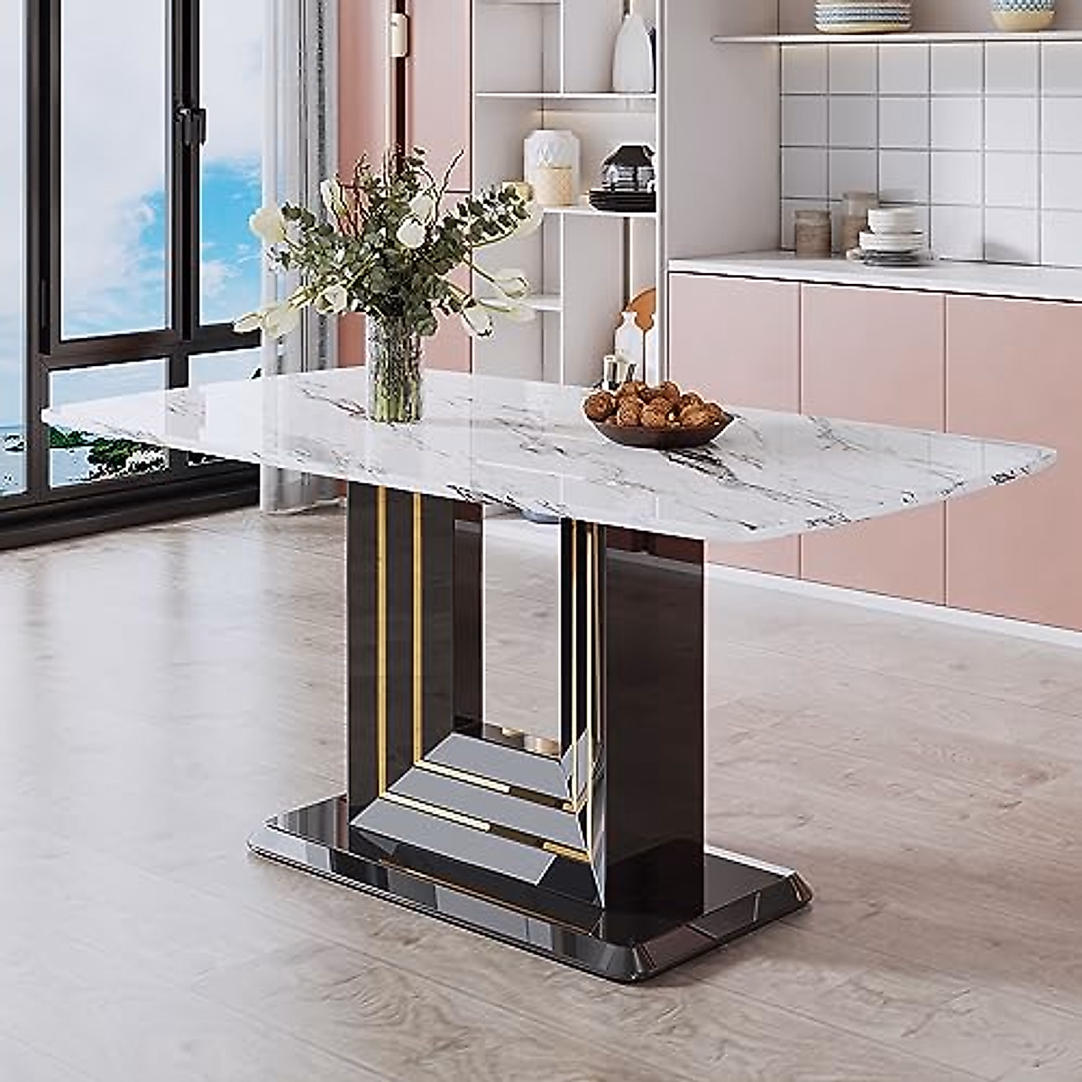 LUSPAZ 63" Marble Dining Table for 4-6, Modern Kitchen Dining Room Table with Faux Marble Tabletop and U-Shaped MDF Base, Dinner Table Kitchen Table