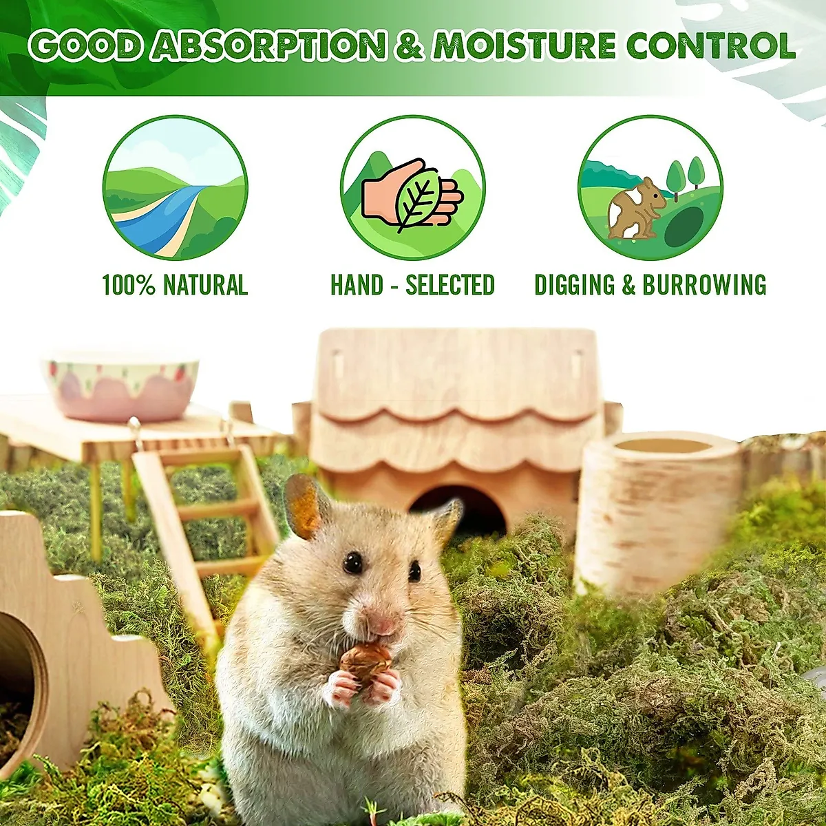 Duspro 5oz Hamster Bedding, Natural Forest Moss Bedding for Hamster, Hamster Bedding Odor Control, Decorate Hamster Hideout with Moss.