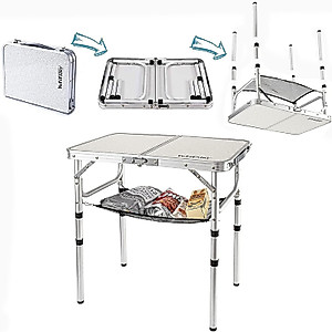 Small Folding Table 2 Foot, Portable Camping Table with Mesh Holders,Lightweight Aluminum Adjustable Height, with Carry Handle for Camping Picnic Indoor Outdoor, White 24 x 16 inch (3 Heights）