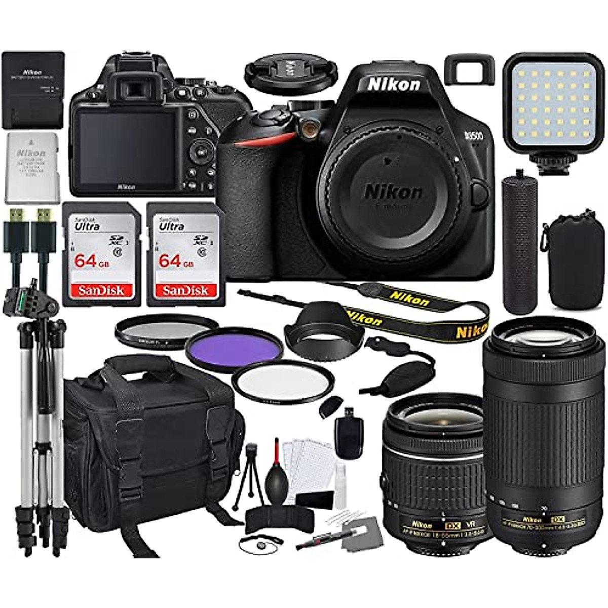 Nikon D3500 DSLR Camera with 18-55mm and 70-300mm Lens Bundle (1588) + Prime Accessory Kit Including 128GB Memory, Light, Camera Case, Hand Grip & More (28 Pieces) (Renewed)