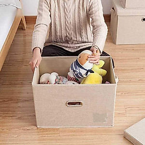 Foldable Storage Boxes with Lids Linen Fabric Collapsible Clothing Bin Organizer Baskets Containers with Carry Handles Transparent Slot Design for Home Bedroom Office Kids Room (Khaki, 3 Pack)