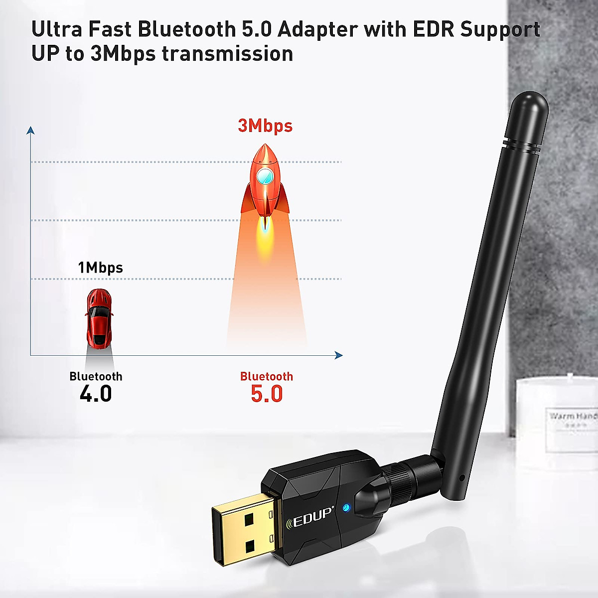 EDUP LOVE USB Bluetooth 5.0 Adapter with External Antenna for PC, Long Range 328FT/100M Wireless Transfer Bluetooth 5.0 EDR Dongle Transmitter Receiver for Desktop Laptop with Windows 11/10/8/8.1/7