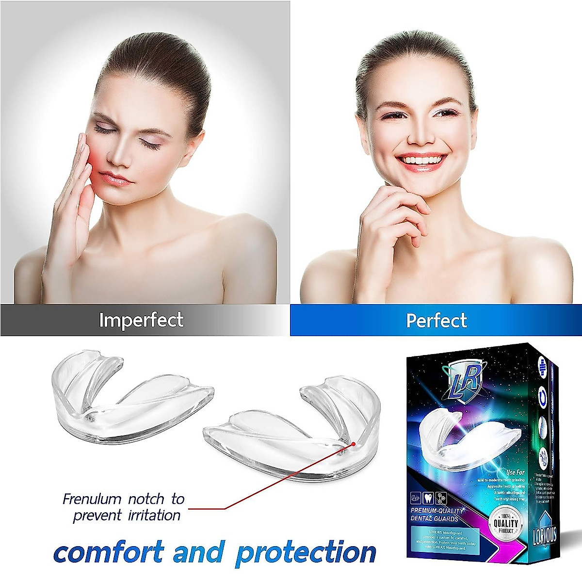 LORIOUS Mouthguard - One Size Fits All Premium Set of 6 BPA Free Moldable, Customizable and Trimmable Medical Grade Mouth Guard for Grinding Teeth Clenching Bruxism, Sport Athletic, Whitening Tray