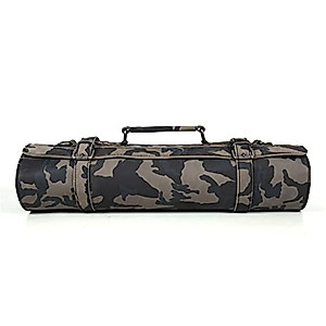 Leather Knife Roll Storage Bag, Elastic and Expandable 10 Pockets, Adjustable/Detachable Shoulder Strap, Travel-Friendly Chef Knife Case (Camo Green, Leather)