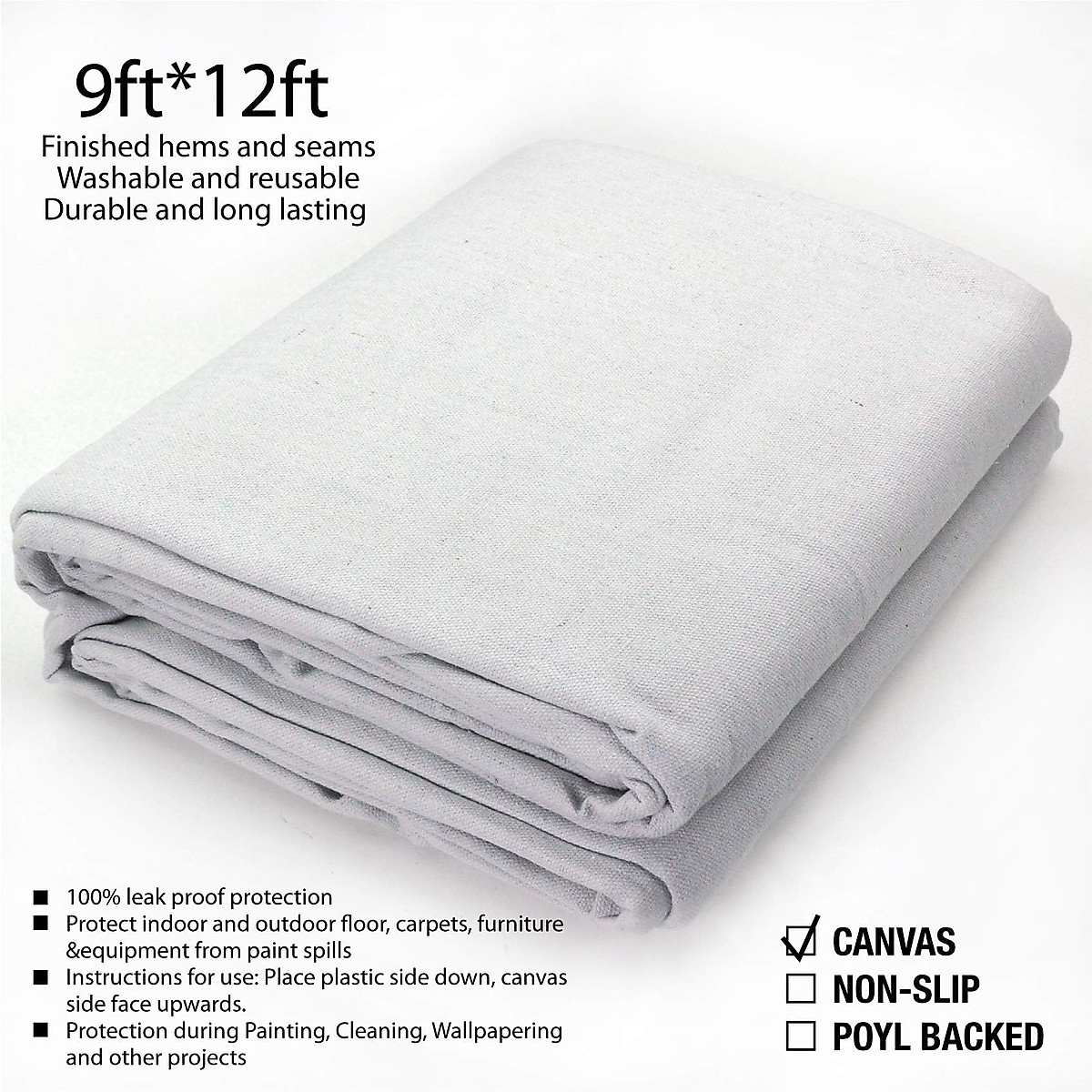 KINGORIGIN Grey White Canvas Drop Cloth, 9 X 12 Feet Canvas Tarp, Washable and Reusable Cotton Paint Tarp, Drop Cloths for Painting, Curtains, Furniture and Floor Protection