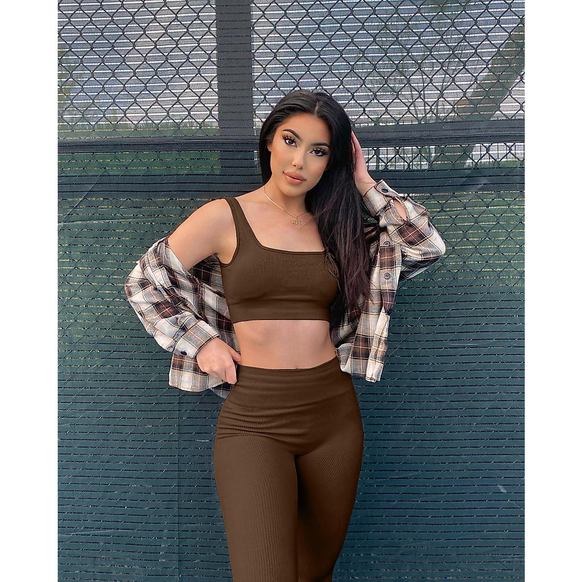 OQQ Women's 2 Piece Yoga Leggings Ribbed Seamless Workout High Waist Athletic Pants Black Coffee