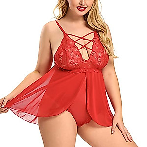 EVELUST Plus Size Lingerie for Women - Sexy Double Layer Chemise Comfy Boudoir Outfits Lace High Waist Teddy Babydoll(Large, Red)