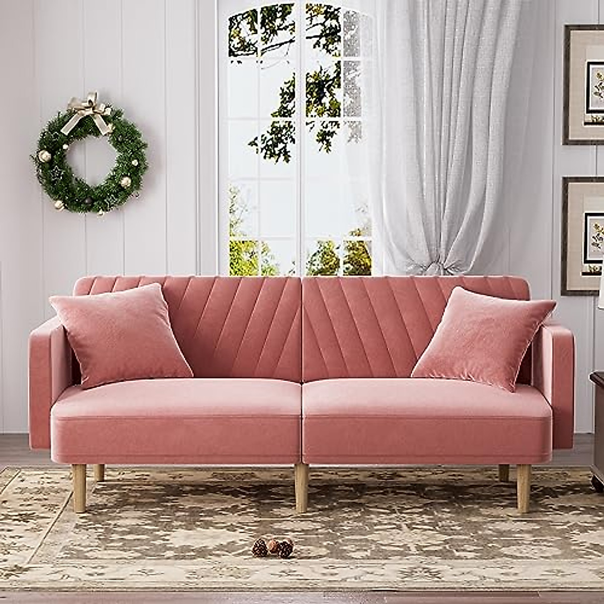 OUYESSIR Futon Sofa Bed, Convertible Sleeper Sofa with Wood Legs, 74.5“ Splitback Sofa with 2 Pillows, Velvet Futon Couch for Living Room (Rose Pink)
