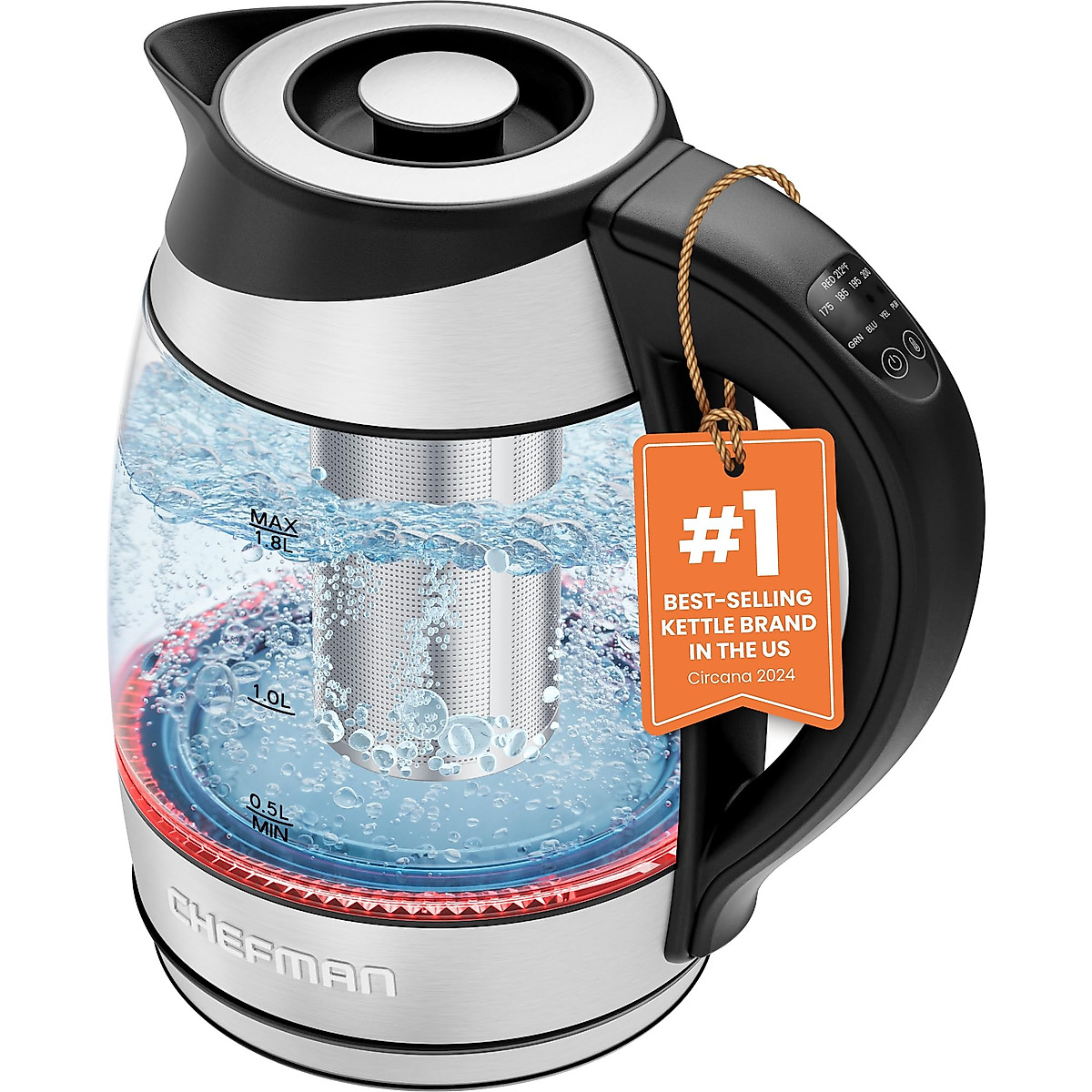 Chefman Electric Kettle w/Temperature Control, Removable Tea Infuser, 5 Presets LED Indicator Lights, 360° Swivel Base, BPA Free, Stainless Steel, 1.8 Liters
