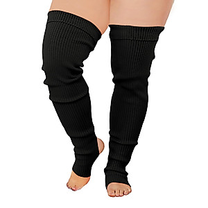 v28 Plus Size Knit Leg Warmer Women Thick Thigh High Boot Extra Long Large Socks(Plus Size- Black)