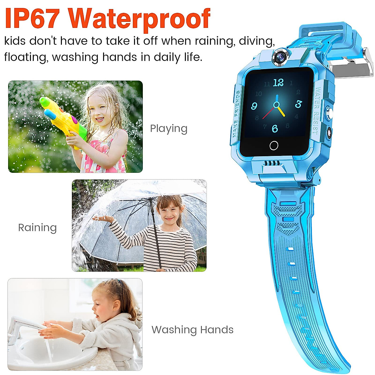 OKYUK 4G Kids Watch Phone T10, Funny 360° Rotation Screen Dual Camera Smart Watch for Boys Girls, IP67 Waterproof, 2-Way Calls, GPS, SOS, Video Calls, Remote Control, Pedometer Smartwatch (Azure)