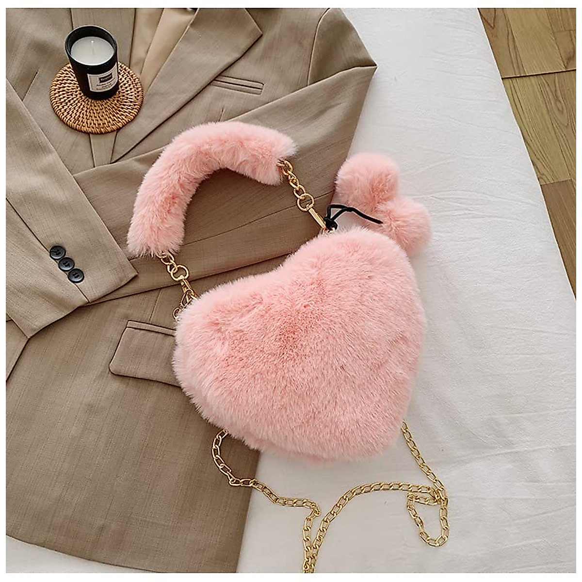 Women Girls Furry Heart Purse Fluffy Faux Fur Messenger Bag Small Shoulder Bags Cell Phone Case Holder Clutch, Halloween Christmas Cross Body Handbags