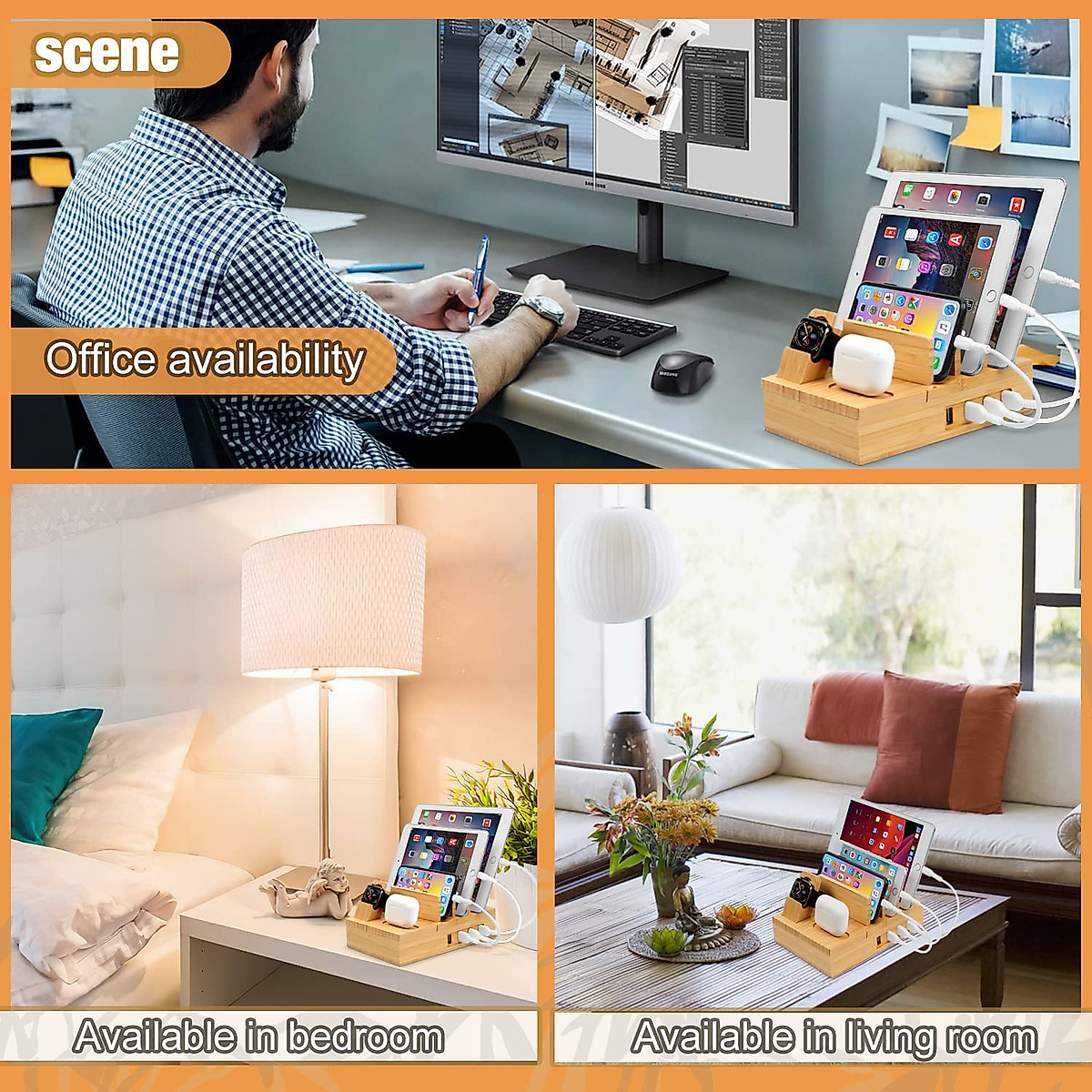 Bamboo Charging Station for Multiple Devices, OthoKing 6 USB Ports Wood Charging Docking Station Organizer for Apple/AirPods/Watch/iPad/Samsung/Android/Tablet, 6 Mixed Cable Included