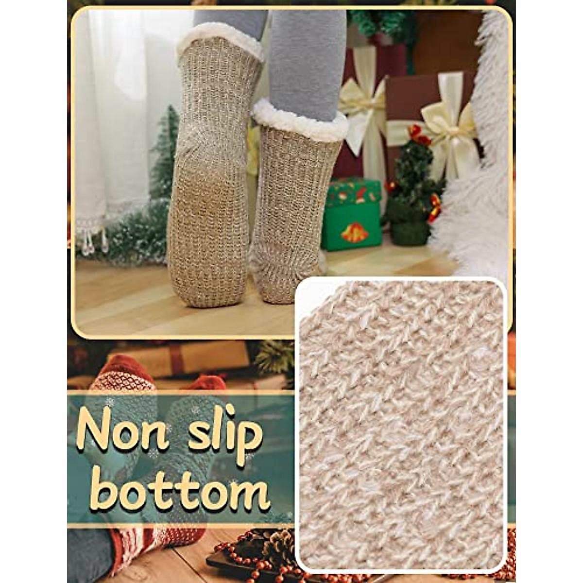 Fuzzy Slipper Socks for Women Fluffy Cozy Cabin Fleece Winter Warm Plush Home Thick Comfy Grips Non Slip Socks Christmas Gift Stocking Stuffer（Knit- Beige）