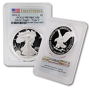 2021 S 1 oz Proof American Silver Eagle Coin PR-70 Deep Cameo (First Strike - Type 2 - Flag Label) $1 PR70DCAM PCGS