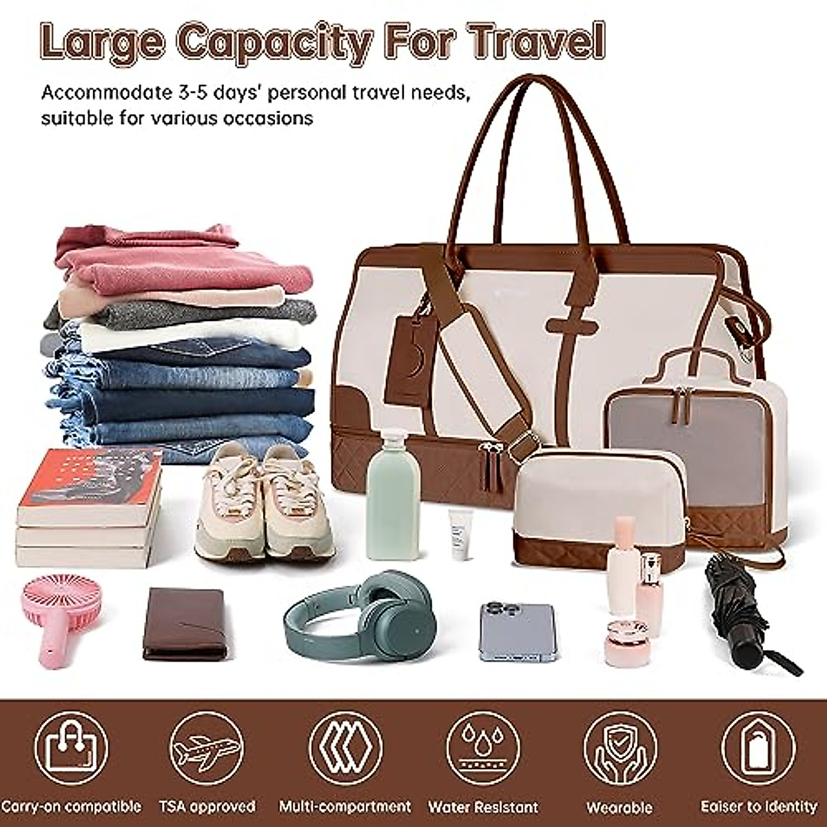 ETRONIK Weekender Overnight Bag for Women, Large Travel Duffle Bag with Shoe Compartment & Wet Pocket, Carry On Tote Bag Gym Duffel Bag with Toiletry Bag, Bag for Hospital 4 Pcs Set, Beige-Brown