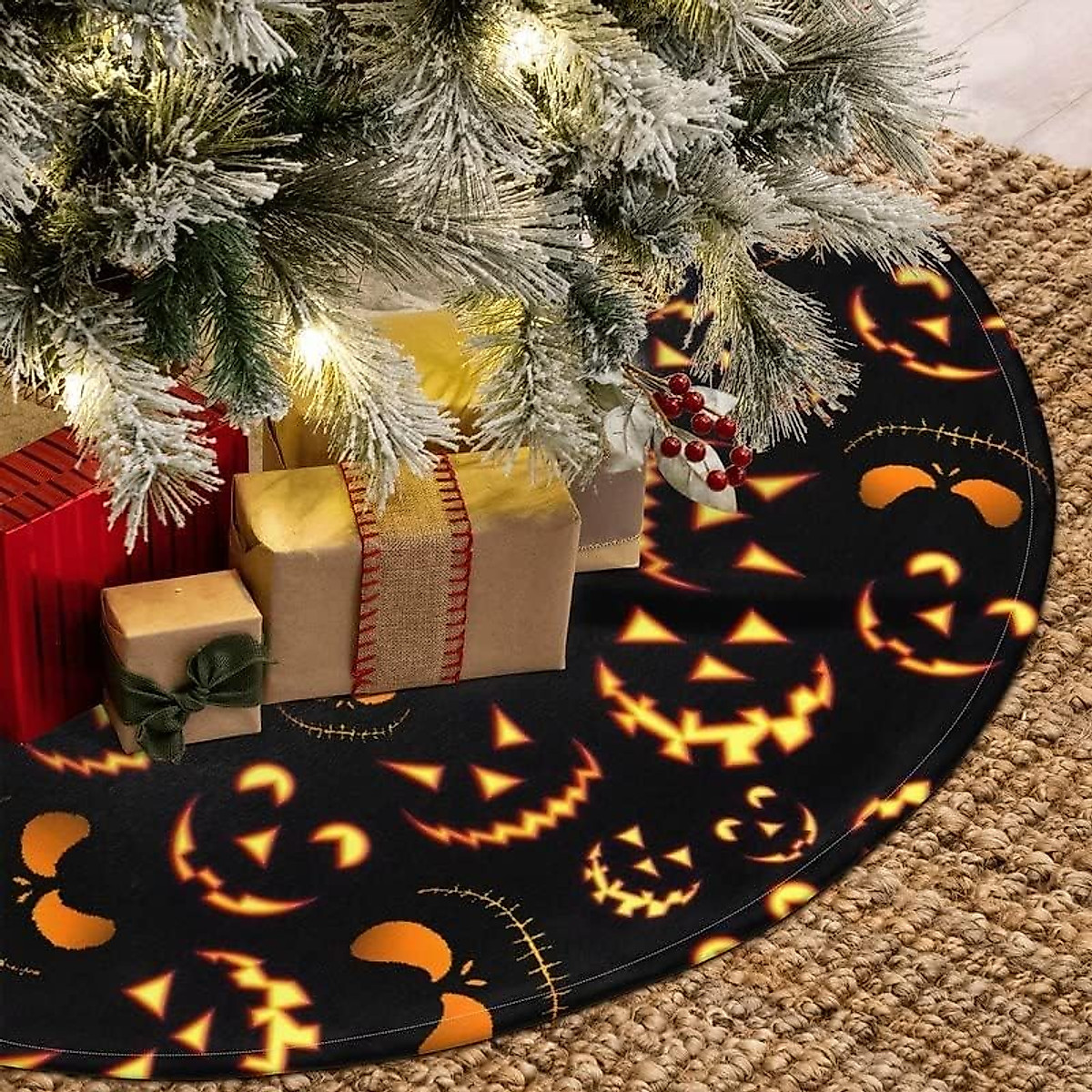Halloween Tree Skirt 36Inch Pumpkin Smile Face Halloween Christmas Tree Decoation Horror Skulls Tree Skirt for Holiday Home Party Decor